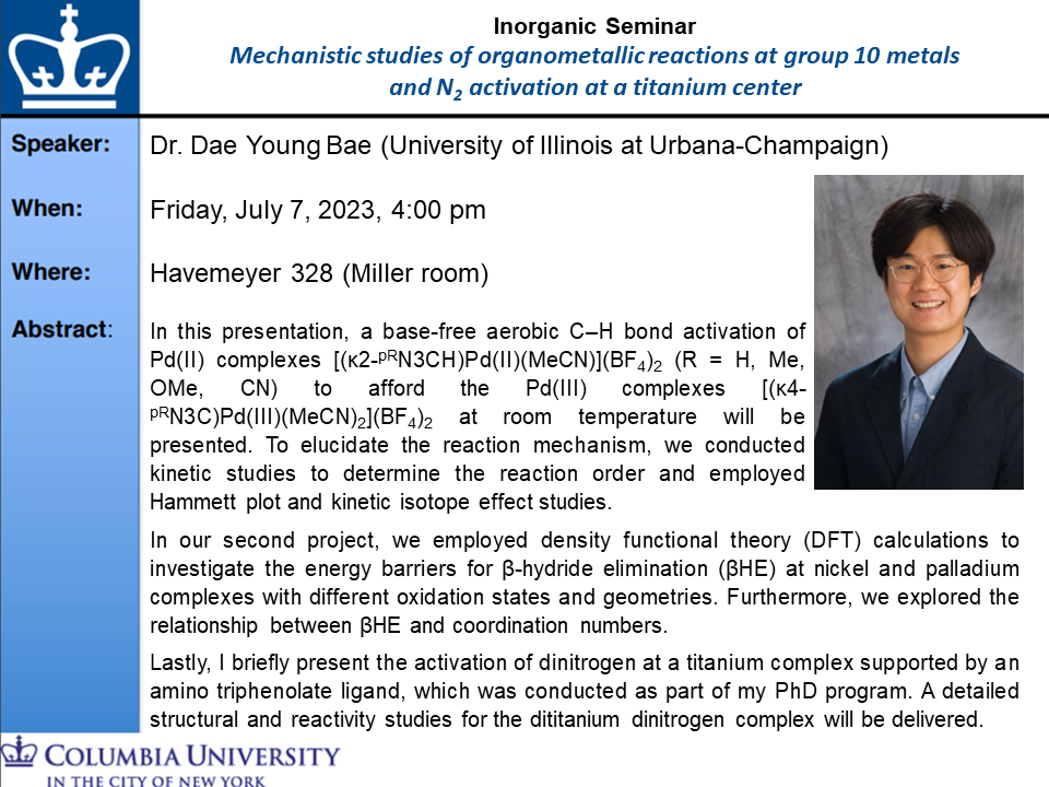 Inorganic Seminar, Presented by Dr. Dae Young Bae | Chemistry